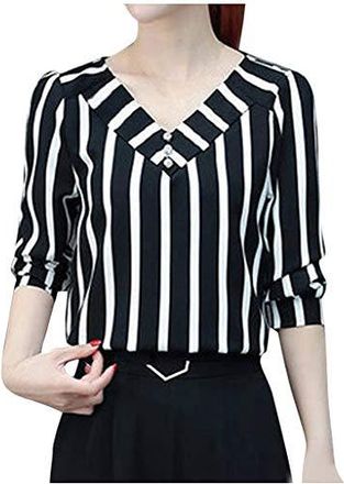 Generic Hauts d&eacute;contract&eacute;s pour femme - Chemisier &agrave; rayures pour femme - Haut basique &agrave; manches 3/4 - Col en V - Tunique ray&eacute;e - Style d&eacute;contract&eacute; et conforta