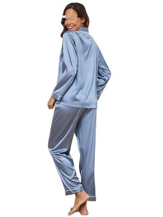 Generic Pyjama 2 pi&egrave;ces en soie pour femme, pyjama 2 pi&egrave;ces en soie &agrave; manches longues, v&ecirc;tement de nuit confortable, pyjama soyeux, gris/bleu, XXL