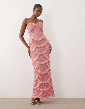Asos robe longue bandeau orn&eacute;e de strass avec ourlet festonn&eacute; rose