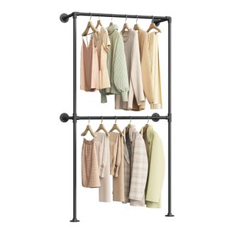 Woltu Kleiderständer Wandmontage, Offener Kleiderschrank, Garderobenständer industriell, für Wohnzimmer Schlafzimmer Büro, Kleiderstange mit 2 Stangen, Schw