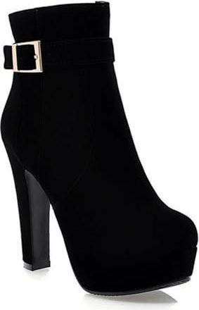 Generic Noir,36 EU,Bottines en Daim pour Femmes, Bout Rond, Plateforme, Talons épais, Bottines à Talons dautomne, Chaussures habillées Confortables avec Boucl