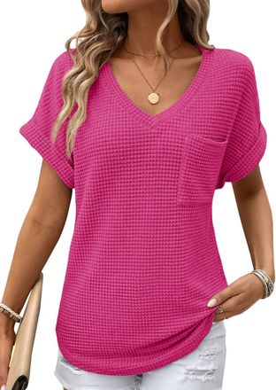 Dokotoo T-Shirts Damen Sommer Oberteile Kurzarm Waffel Strick Tops V-Ausschnitt Kurze &Auml;rmel Pullover Bluse Oberteil Locker L&auml;ssig Basic Einfarbig Tunika Bluse