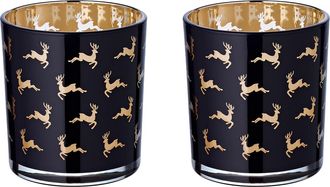 Edzard 2er-Set Teelichtglas Luna (Höhe 8 cm), schwarz, Hirsch-Motiv