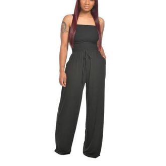 Generic Combinaison sans bretelles &agrave; la taille, combinaison d&eacute;t&eacute; d&eacute;contract&eacute;e sans manches &agrave; jambes larges, barboteuse ample, avec poche, Noir, XXL