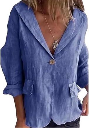 Generic Southwestm Blazer en coton et lin décontracté à revers simple bouton pour femme Blazer léger dété décontracté pour femme, bleu, 3XL