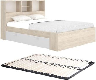 Vente-Unique Lit 140 x 190 cm avec rangements - Coloris : Naturel et blanc + Sommier - VARDIEL