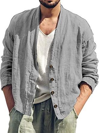 Generic Chemises pour homme adulte, chemises sans col pour homme col en V hauts d&eacute;contract&eacute;s &agrave; manches longues tropicales vacances plage chemise d&eacute;contract&eacute;e 