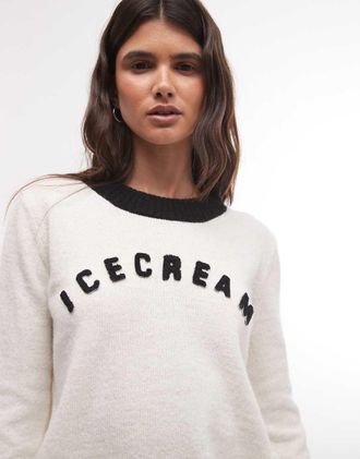 Icecream gestrickter Logo-Pullover mit Rundhalsausschnitt in Creme/Schwarz-Multi
