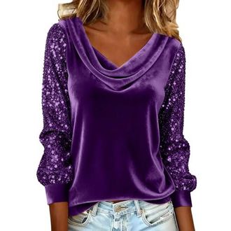 Generic Hauts &agrave; paillettes pour femme - Col b&eacute;nitier - Chemisier de f&ecirc;te scintillant - Haut &agrave; paillettes - Haut &agrave; manches longues - Grande taille - Pull pour 