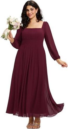 Ever-pretty Robe Demoiselle dhonneur Femme Longue Manches Longues Col Carr&eacute; Mousseline pour Mariage Chic Bordeaux 46