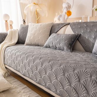 Generic Wendbarer gestepptes Samtsofa&uuml;berwurf - dick, pl&uuml;schig & rutschfest, maschinenwaschbar f&uuml;r Ecksofas in L-Form 1-4-Sitzer Fanshape-Grey 45 * 45cm/17.72