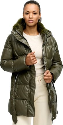 Tazzio Damen Steppmantel mit Kapuze - Lederoptik-Steppmantel mit Tailleng&uuml;rtel F802 (Khaki, M)