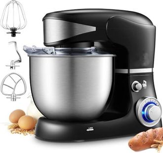 Royalty Line Robot Multifonction 1600W Noir RL-PKM1600, Bol en Acier Inoxydable 6L, 6 Vitesses + Fonction Pulse, Accessoires Inclus, Idéal pour Pâtisserie et Cuisi