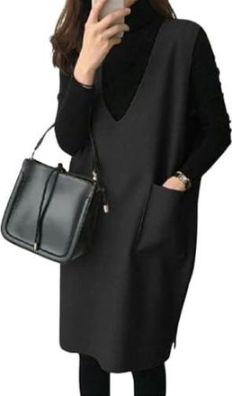 Lazutom Robe longue dhiver chaude en laine m&eacute;lang&eacute;e sans manches avec col en V et poches pour femme, Noir, L