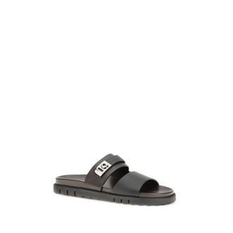 Ferragamo Mens Black Calf Leather Bos Taurus Flat Sandals