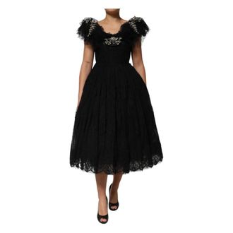 Dolce & Gabbana Schwarzes kristallverziertes Midi A-Linien-Kleid - - Dresses - Damen - Schwarzk - XS