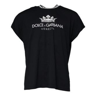 Dolce & Gabbana Krone Logo Baumwoll-Rundhals-T-Shirt - - Tops - Herren - Blau - XS