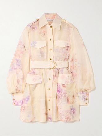 Zimmermann Hypnotic Minikleid Aus Einer Leinen-seidenmischung Mit Blumenprint Und Gürtel - Creme