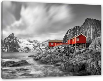 Pixxprint Einsames rotes Haus am Meer in Norwegen B&W Detail, Größe: 120x80cm, Leinwandbild, fertig gespannt, Wandbild, Dekoration, Kunstdruck, kein Poster