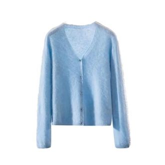 Generic Cardigan en laine de mouton et cachemire sans couture pour femme Col en V Manches longues Tricot &agrave; simple boutonnage, Bleu Cuiniao, Taille M