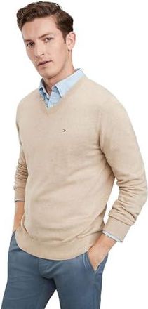 Tommy Hilfiger Pull embl&eacute;matique en coton &agrave; col en V pour homme Collection 2024, Marron chin&eacute;, XX-Large