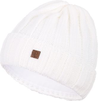 Faera M&uuml;tze Damen Beanie Winterm&uuml;tze gef&uuml;ttert Grobstrick Fleecefutter M&auml;dchen Strickm&uuml;tze 75, Farbe:Wei&szlig;