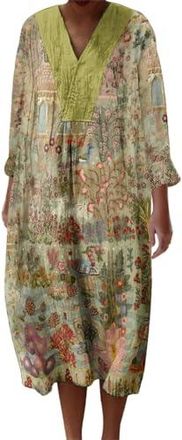 Generic Robe Ete Femme Mi Longue Fluide Coton Chemise Robes Manches Longues Ample Casuel A-Line Imprim&eacute; Fleur Robes Col V Ronde Boh&egrave;me Robe De Soiree Femme Vi