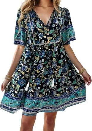 Onsoyours Femme Robe Longue Été Robes Grande Taille À Manches Courtes Col V De Plage Grande Swing Chic Imprimé Floral Casual Boho Robe De Soirée Printemps D01 N