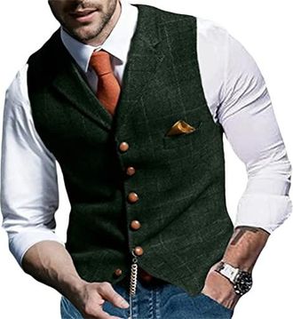 Onsoyours Veste de Costume pour Homme Slim Fit Gilet Casual Tweed Soiree Formelle Veste sans Manches pour Mariage A Vert XXL