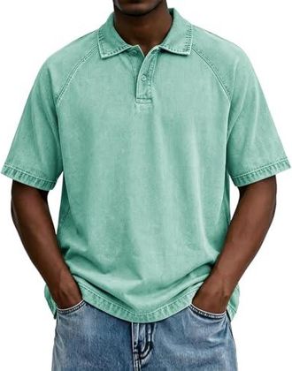 Generic Polo vieilli &agrave; manches courtes en coton d&eacute;lav&eacute; pour homme, pull vintage &agrave; col &agrave; revers, haut de sport l&eacute;ger &eacute;vacuant lhumidit&eacute;, pour la course &agrave; pied,