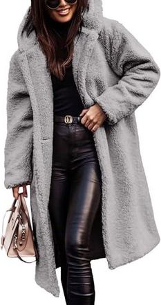 Generic Manteaux longs en fausse fourrure pour femmes, manteaux chauds dhiver, vestes &agrave; capuche en polaire duveteuse, manches longues, v&ecirc;tements dext&eacute;rieur te