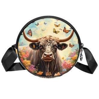 Generic Sac &agrave; bandouli&egrave;re rond pour femme, motif vache et tournesol avec fermeture &eacute;clair et bretelles r&eacute;glables
