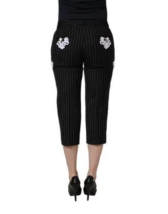 Dolce & Gabbana Womens Black Lace Applique Pinstripe Cropped Pants Wool Polyester