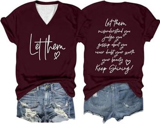 Generic T-shirt pour femme avec motif inspirant et col en V, d&eacute;contract&eacute;, manches courtes, Bordeaux, XXL