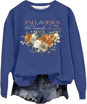Generic HUIFUAO Fall for Jesus He Never Leaves Sweatshirts pour femmes, sweatshirts surdimensionnés à manches longues pour femmes, Z04 Bleu, S