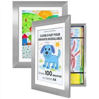 Americanflat Cadre Dessin Enfant &agrave; Changer A4 Argent&eacute; avec Passe-Partout et 25,5 x 32 cm sans Passe-Partout - Cadres avec Ouverture Frontale Pouvant Contenir 100 P