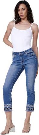 Kor&ouml;shi Pantalon long slim Push Up Denim fini avec broderie avec fermeture &eacute;clair et bouton pour femme, couleur bleu moyen, bleu, 36