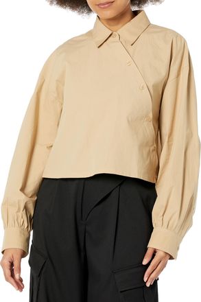 The Drop Hemd mit asymmetrischer Vorderseite für Damen, Crop-Länge, Travertinfarbig, von @karenbritchick, L
