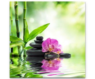 Paul Sinus Art Leinwandbilder | Bilder Leinwand 60x60cm pinke Orchideen schwarze Steine und Bambus auf dem Wasser