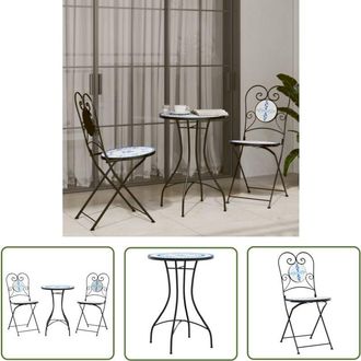 vidaXL Mosaik-Bistro-Set Blau und Wei&szlig; Eisen und Keramik - Gartentisch - Bistroset - Outdoor M&ouml;bel - Terrassenm&ouml;beln - Esszimmergarnitur - The Living Store