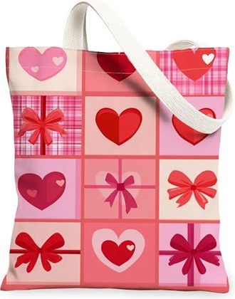 Generic Sac fourre-tout en toile avec motif coeur pour la Saint-Valentin, sacs &agrave; provisions r&eacute;utilisables, l&eacute;gers et lavables, p&ecirc;che, 13x15 Inch