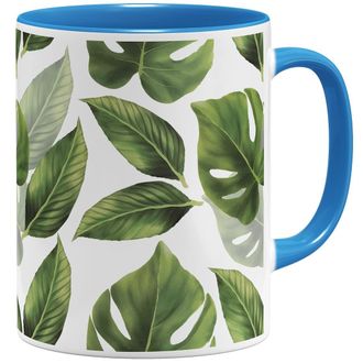 OM3 Pflanze Monstera Kaffee-Tasse mit Pflanzenmotiv Tasse Leaf Bl&auml;tter| Keramik Becher | 11oz 325ml | Rundumdruck | Hellblau