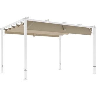 OUTSUNNY Pergola coulissante r&eacute;tractable 3 x 4 m aluminium blanc toile UPF30+ kaki