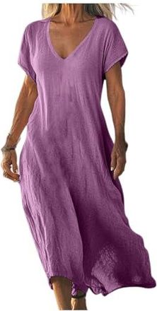 Generic Robe de plage d&eacute;t&eacute; en coton &agrave; manches courtes et col en V pour femme - Robe longue confortable et fluide, violet, 3XL