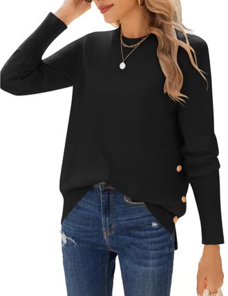 Zeagoo Pullover Damen Strickpullover Langarm Rundhals Pulli Herbst Knit Sweater Warm Winterpullover Elegant Einfarbig Winter Oberteile mit Knöpfen Schwarz M