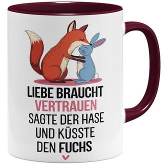 OM3 witzige Kaffee-Tasse mit Spruch - Liebe braucht Vertrauen - Hase & Fuchs - Keramik Becher - 325ml - Beidseitig Bedruckt - Bordeaux