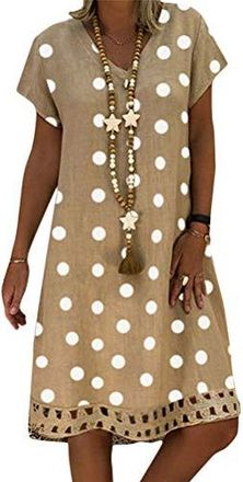 Onsoyours Robe Femme D&eacute;t&eacute; Casual Boho Robe Plage Mini Robe Manche Courte Col V Pois Couleur Unie Chemise Robe Boh&egrave;me Cocktail Robe E Kaki 38