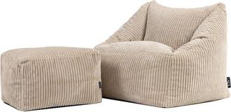 Icon Brand Natalia Sitzsack Kinder mit Hocker, Beige, Flauschiger Cord Stoff, Sitzsack Cord mit F&uuml;llung, Bequemer Kinder Sessel, Kuschelsessel, Lese Sessel, Schl