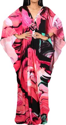 Bsubseach Plus Size Caftan Kleider für Damen Strandkleid Fledermaus Ärmel Sommer Maxi Kaftan Kleid Rose Rot Floral