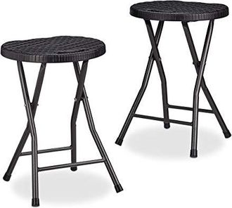 Relaxdays Klapphocker BASTIAN rund, 2 Stk. Faltbar, Kunststoff, Rattanoptik, Wetterfest HxBxT: 45 x 32,5 x 29 cm, schwarz